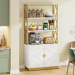 Tribesigns White and Gold Bookshelf with Doors: 70.9 Inches Tall Etagere Bookcase Set of 2, Modern Open Display Book Shelves with Metal Frame for Living Room Bedroom Office