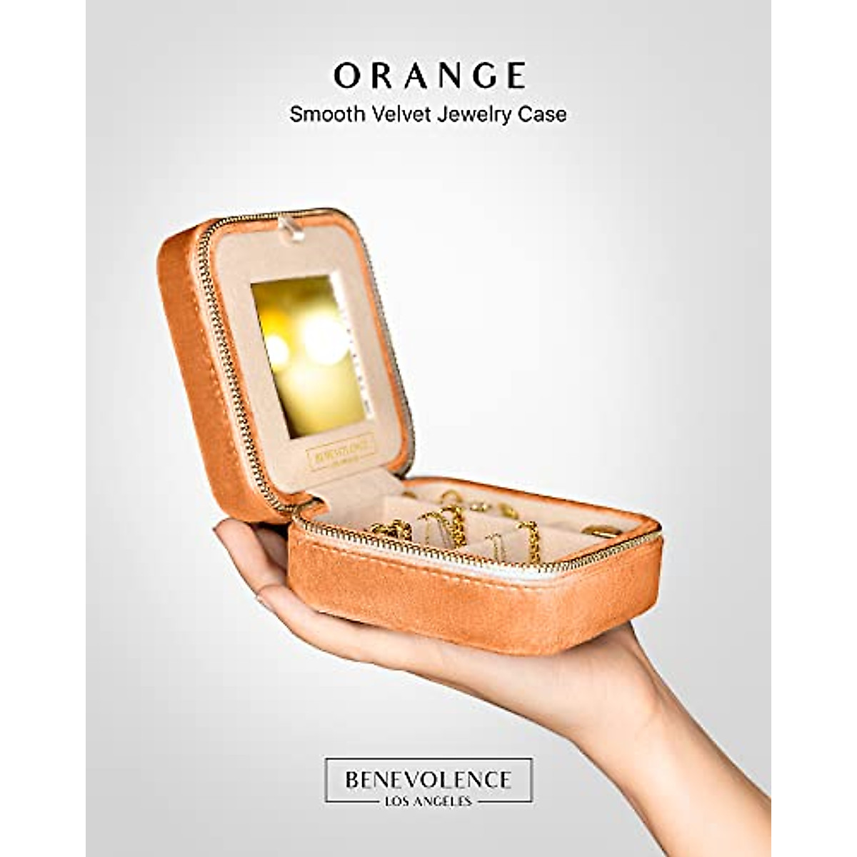 Plush Velvet Travel Jewelry Box Organizer | Travel Jewelry Case, Jewelry Travel Organizer | Small Jewelry Box for Women, Jewelry Travel Case | Earring Organizer with MIrror - Orange