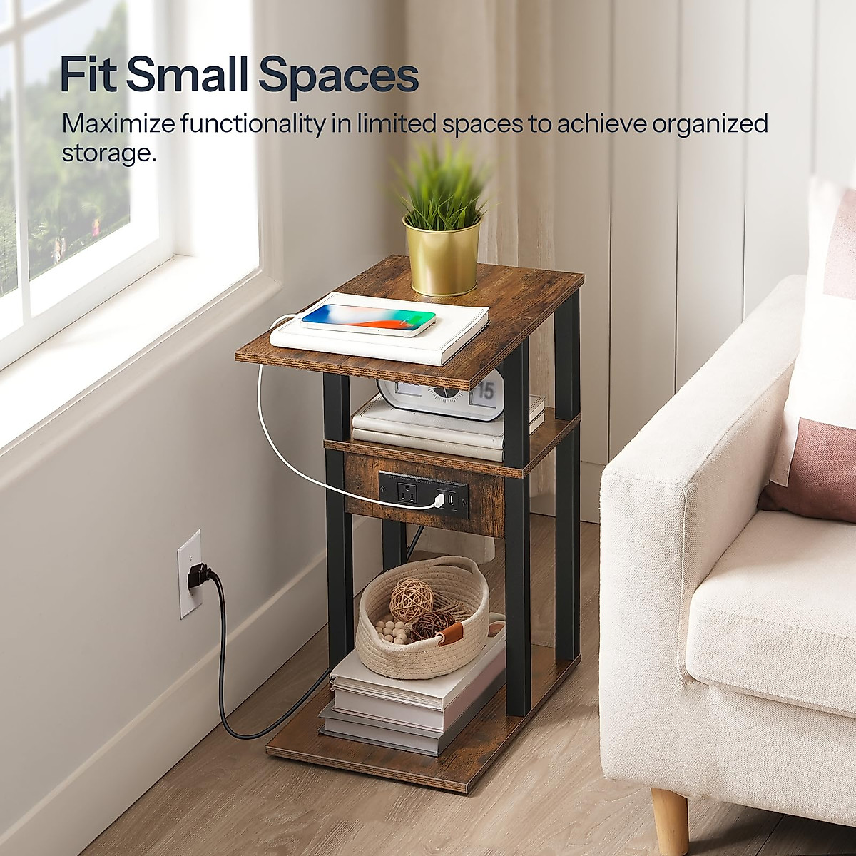 HOOBRO C Shaped End Table Set of 2 with Charging Station, Side Table with 2 USB Ports and Outlets, TV Tray Table, Couch Table for Small Spaces, Living Room, Bedroom, Rustic Brown and Black BF62USFP201