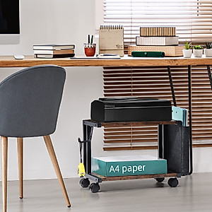 Printer Stand with Storage Bag Under Desk Printer Table on Wheels 2 Tier Small Desktop Rolling Stand Shelf for Fax Machine Scanner Files (Brown)