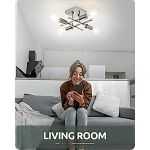 Eietonte Industrial 4-Light Semi Flush Mount Ceiling Light Fixture, Modern Brushed Nickel Chandelier Lighting, Farmhouse E26 Base Sputnik Ceiling Lamp for Kitchen Bedroom Living Room Hallway