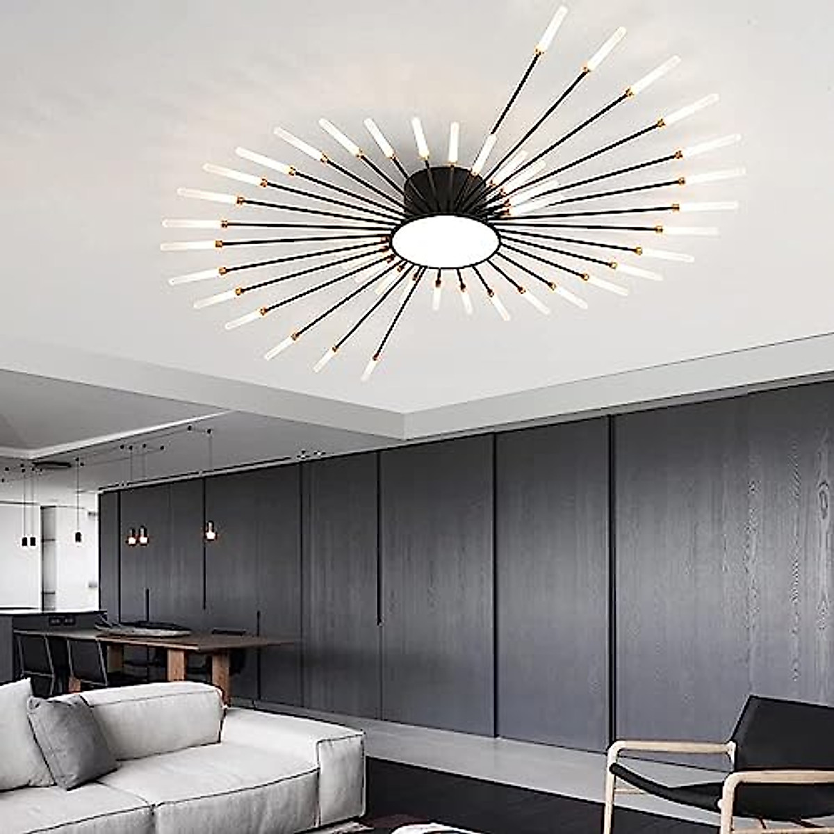 51 Inch Dimmable LED Ceiling Light Fixture,42 Lights Ceiling Lights Flush Mount Chandelier Black Indoor Lighting for Living Room,42W+12W Firework Deco Close to Ceiling Light with Remote Control