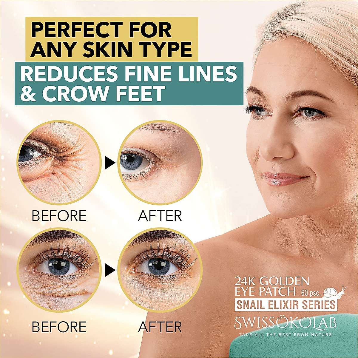 SWISSÖKOLAB Under Eye Patches For Puffy Eyes 24k Gold Eye Mask Dark Circles And Puffiness Collagen Eye Gel Pads Moisturizing & Reducing Wrinkles Anti-Aging Hyaluronic Acid (Snail Series)