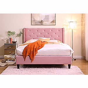Oliver & Smith Astor - Upholstered 51" Tall Headboard Tufted Suede Velour Platform Bed/Mattress Foundation/Wood Slat Support/No Box Spring Needed/Easy Assembly/Pink/Full