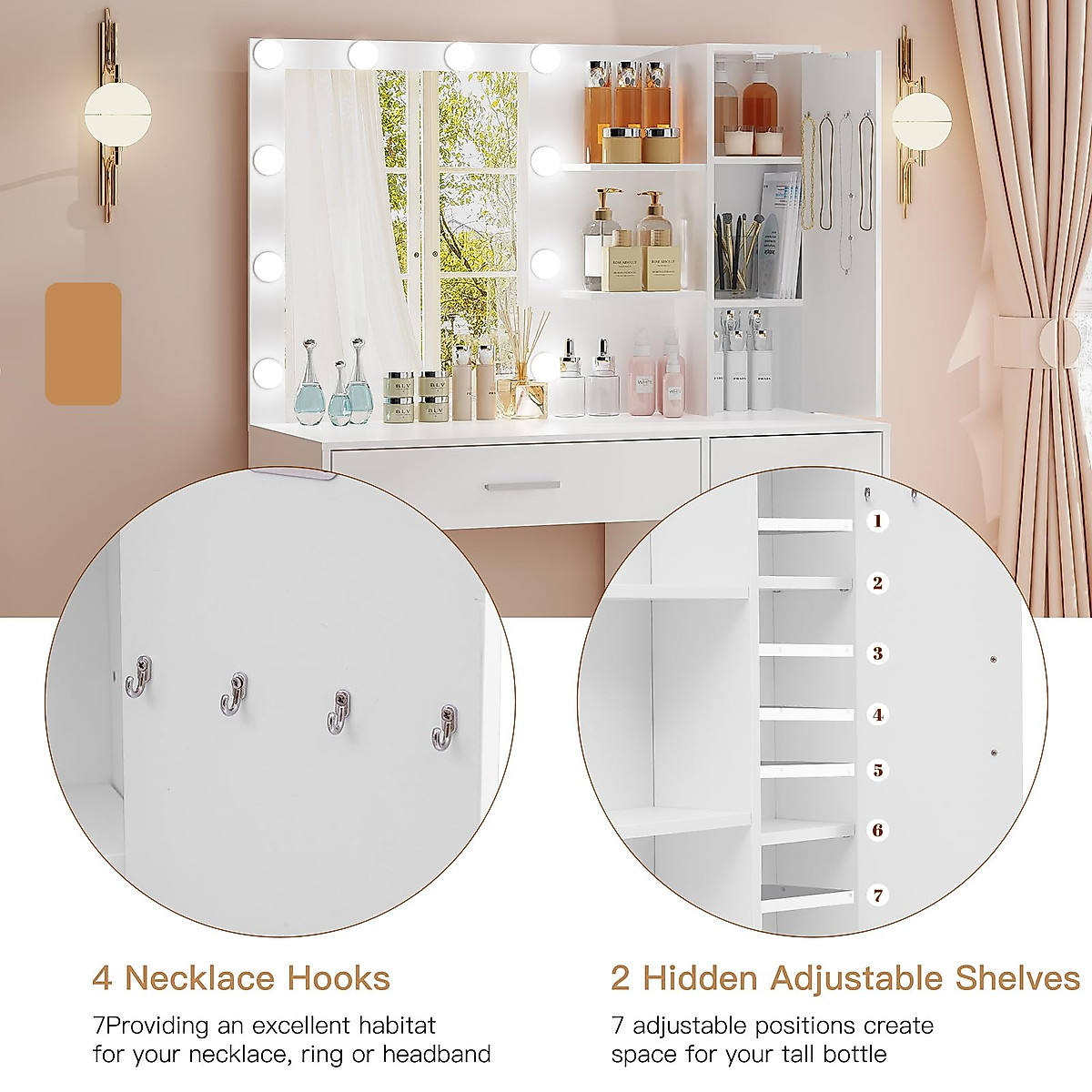 usikey Makeup Vanity with Lights, Vanity Desk with Mirror and 10 LED Lights, Vanity Table Set with 4 Drawers, Cabinet & 4 Necklace Hooks, Dressing Table for Bedroom, White