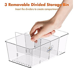 CocinaZ KATTOL Clear Storage Bins – Stackable Storage Bins with Removable Dividers –Clear Organizing Bins for Food Storage, Fridge, Kitchen, Pantry –4-Compartment Clear Plastic Storage Bin (4 Pack)