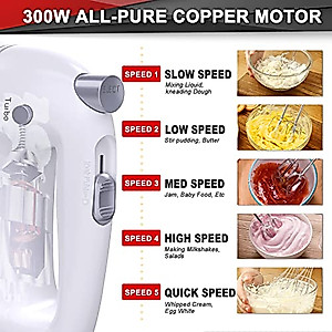 Lord Eagle Electric Hand Mixer Mini, 300W Power Handheld Mixer Kitchen for 5-Speed Baking Cake Egg Cream Food Beaters Whisk, with Snap-On Storage Case, White