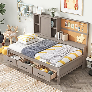 Ball & Cast Twin Daybed with Storage Shelves and 3 Drawers,Bed Frame W/USB Ports,Sliding Doors & Cork Board,for Bedroom,Guest Room,Apartment,Antique Gray