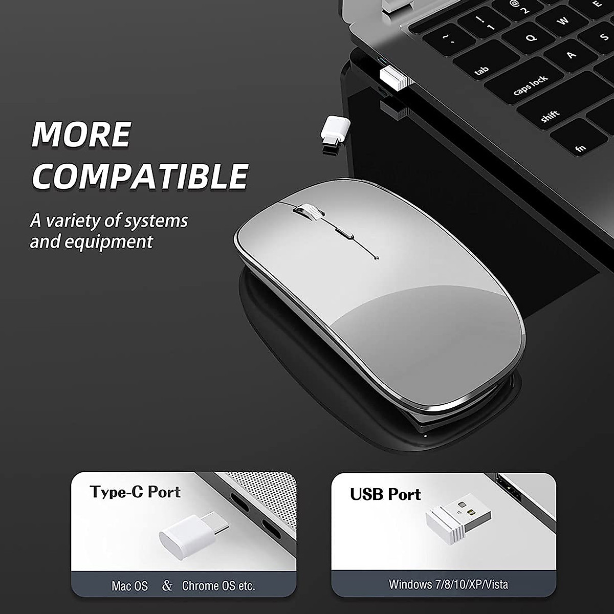Halpilt Wireless Mouse Chargeable Portable Silent Wireless Mouse USB and Type-C Dual Mode Wireless Mouse 3 Adjustable DPI for Laptop, Mac, MacBook, Android, PC (Q23S Black) (Grey)