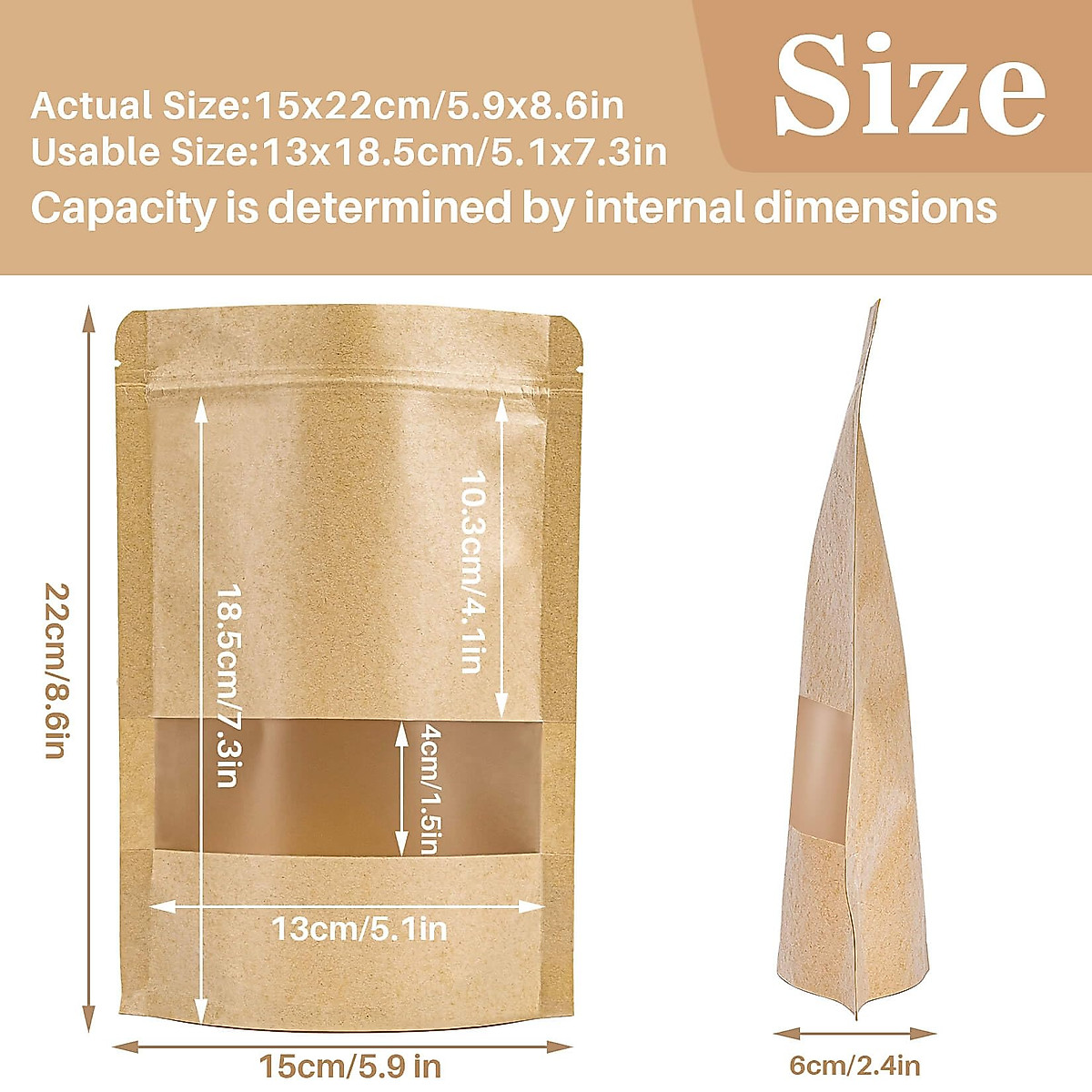 MAQIHAN 46 Stand Up Pouches Bags - 5.9"×8.6" Resealable Ziplock Kraft Paper Bags Window Food Packaging Homemade Bagel Bread Cookie Candy Tea Herb Spice Coffee Jerky Dog Treat Bags Small Business