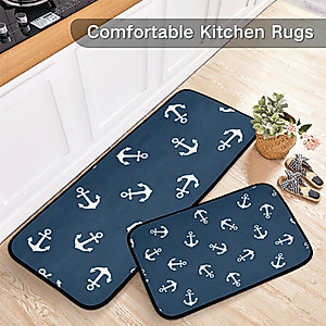 BOENLE Kitchen Rugs and Mats Non Skid Washable Kitchen Rug Set 2 Piece Blue Anchor Carpet Ergonomic Comfort Standing Mat for Kitchen,Bathroom, Laundry