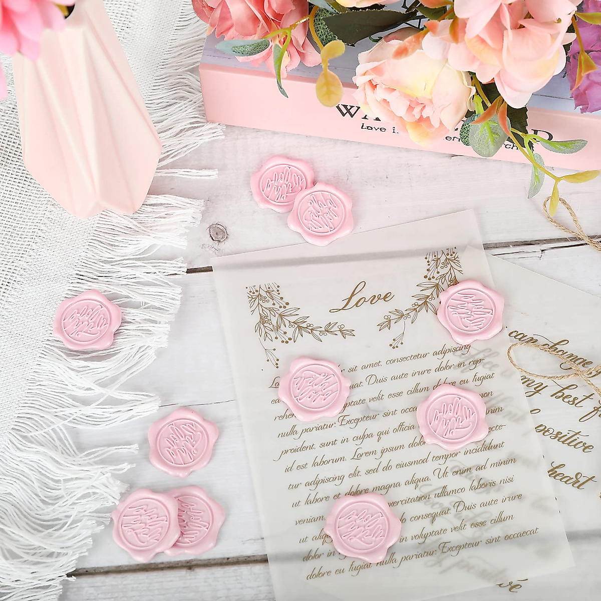Whaline 50Pcs Wax Seal Stickers with Love Sign Pink Embossed Stickers Self-Adhesive Envelope Seal Stamp for Wedding Anniversary Bridal Shower Invitation Cards Snail Mails Gift Decor