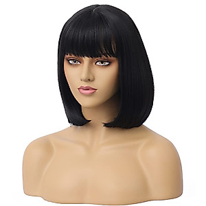 RightOn 12 Inches Black Bob Wig with Bangs Short Straight Synthetic Wigs for Women Cosplay Daily Party Hairnet Included