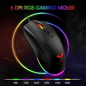 Havit RGB Gaming Mouse Wired PC Gaming Mice with 7 Color Backlight, 6 Buttons, Up to 6400 D P I Computer USB Mouses for Desktop Laptop Gamer & Work (Renewed)