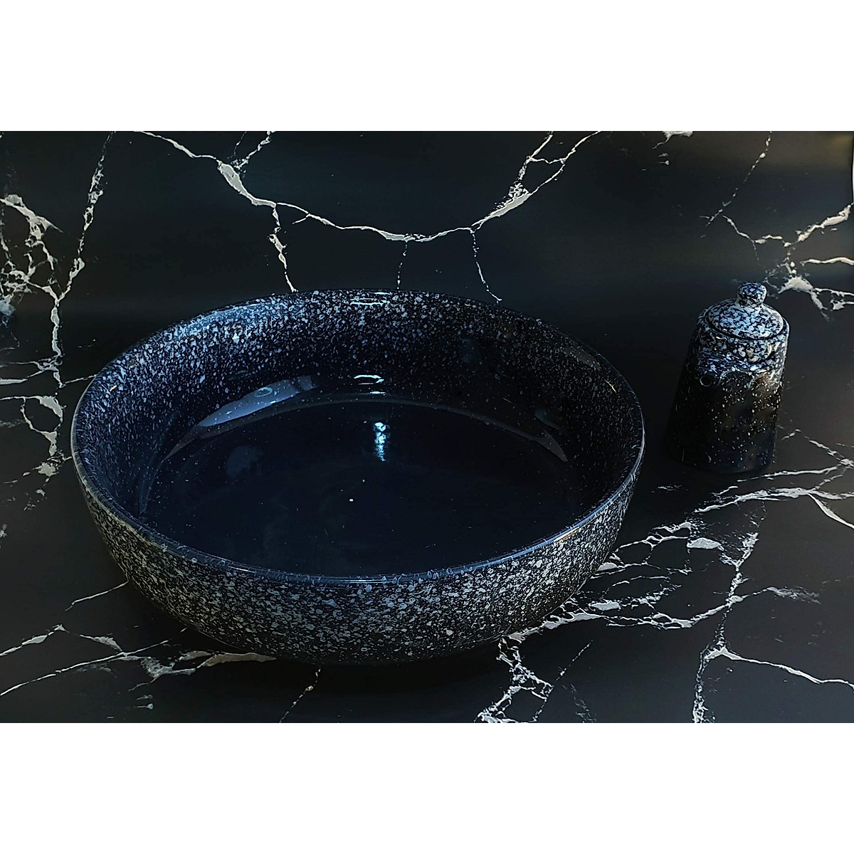 VALLENWOOD Extra Large Salad Serving Bowl, 11 inch. Big Ceramic Navy Dark Blue Pasta bowl Plus Oil Bottle. 95 oz. Beautiful And Elegant Huge Design. Giant Mixing and Fruit Bowls