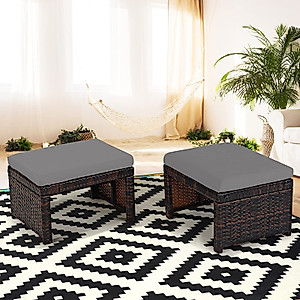 DORTALA 2 Piece Patio Wicker Ottomans, Outdoor Foot Rest with Cushions, PE Rattan Footstool for Patio, Garden, Poolside, Grey