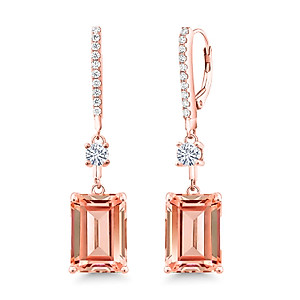 18K Rose Gold Plated Silver Emerald Cut Peach Nano Morganite and Forever Classic Moissanite by Charles & Colvard Dangle Earrings For Women | 13.36 Cttw | Emerald Cut 14X10MM