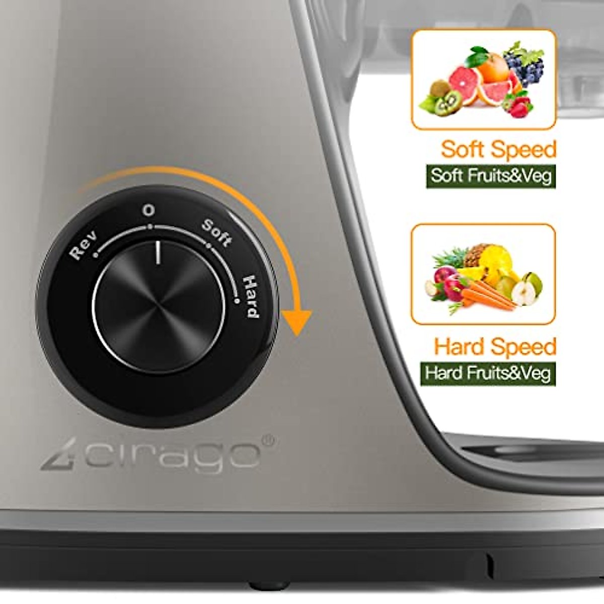 CIRAGO Juicer Machines, Slow Masticating Juicer Extractor Two Speed Adjustment, Easy to Clean, Quiet Motor, Cold Press Juicer for Vegetables and Fruits, BPA-Free (Grey)