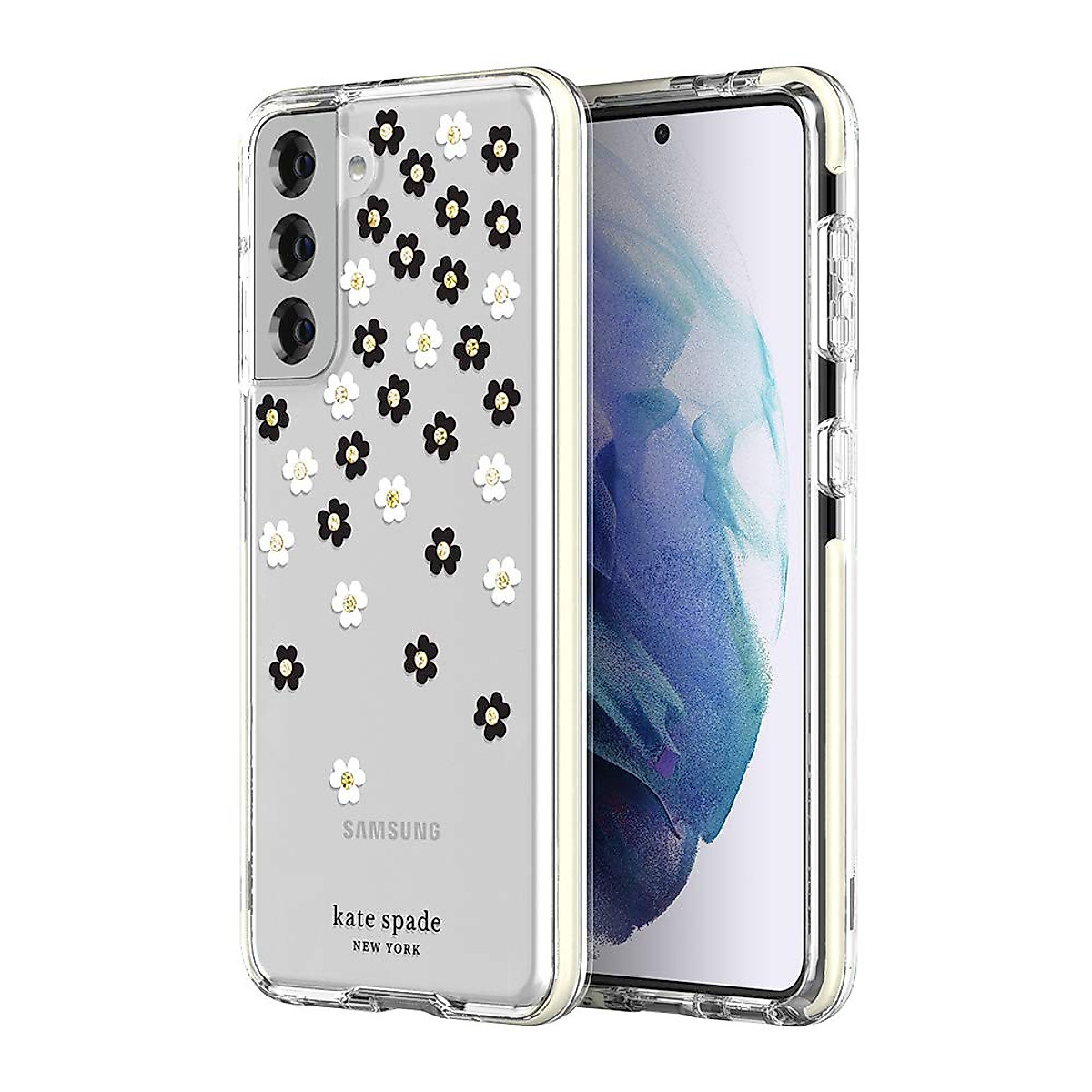 kate spade new york Defensive Hardshell Case Compatible with Samsung Galaxy S21 5G - Scattered Flowers Black/White/Gold Gems/Clear/White Bumper
