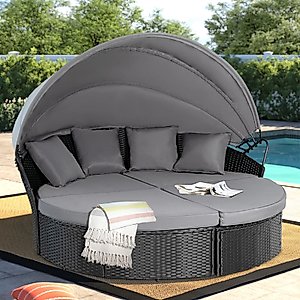 Oakmont Outdoor Patio Furniture Canopy Daybed Round Sofas, 4 Pieces Seating Separates Cushioned Seats, Black Wicker, Lawn Poolside Garden, Grey