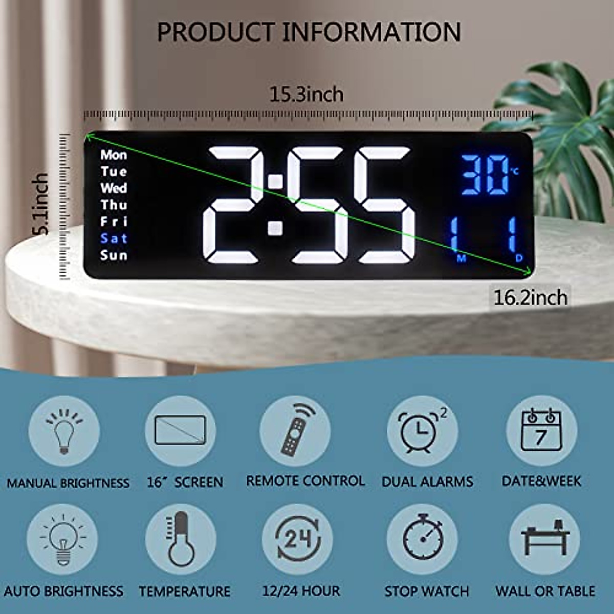 Ashionee Wall Clock, Digital Wall Clock, 16.2 in Large Digital Wall Clock, LED Digital Wall Clock with Remote Control for Living Room Decor