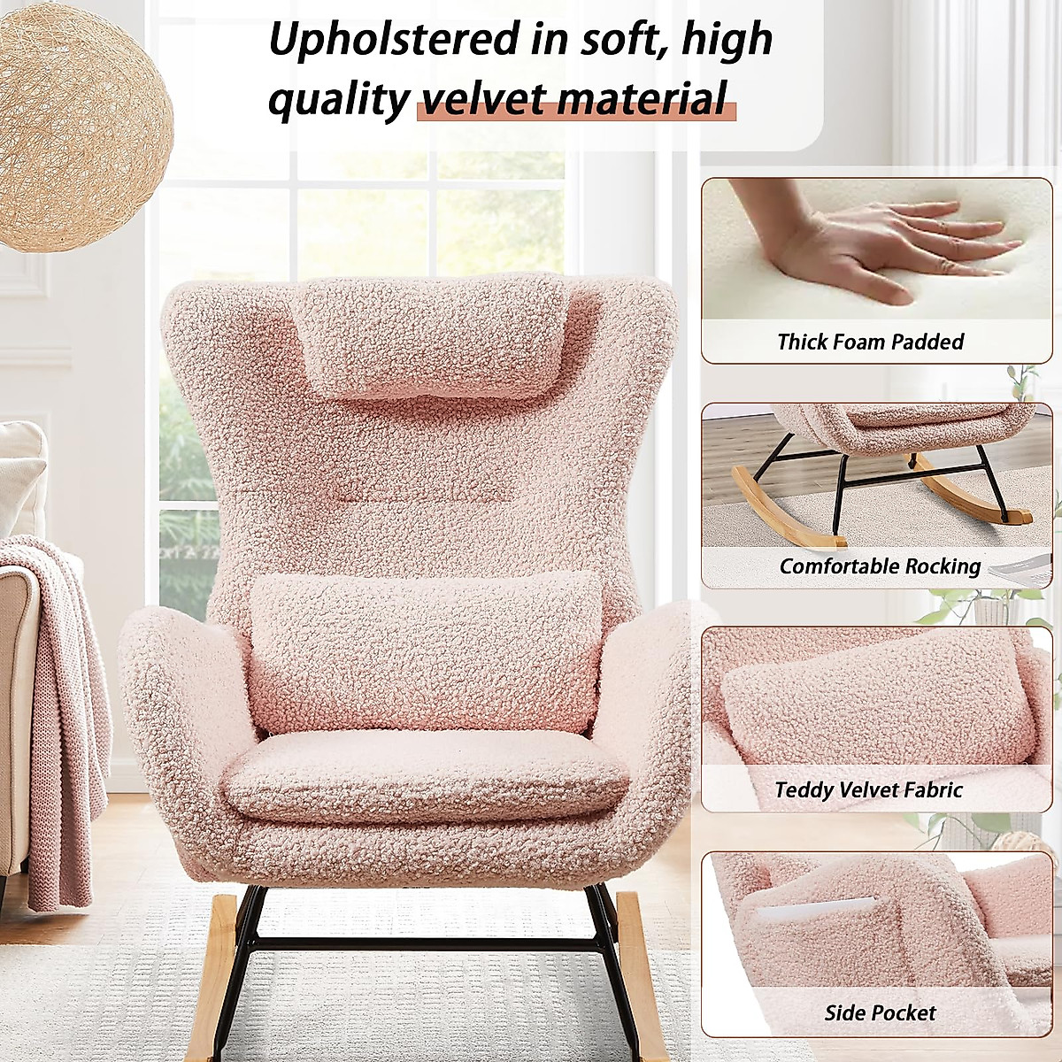 Altillo Teddy Rocking Chair Nursery, Upholstered Small Glider Rocker Accent Armchair with High Backrest, Small Glider Chair with Padded Seat for Nursery, Living Room, Bedroom (Pink)