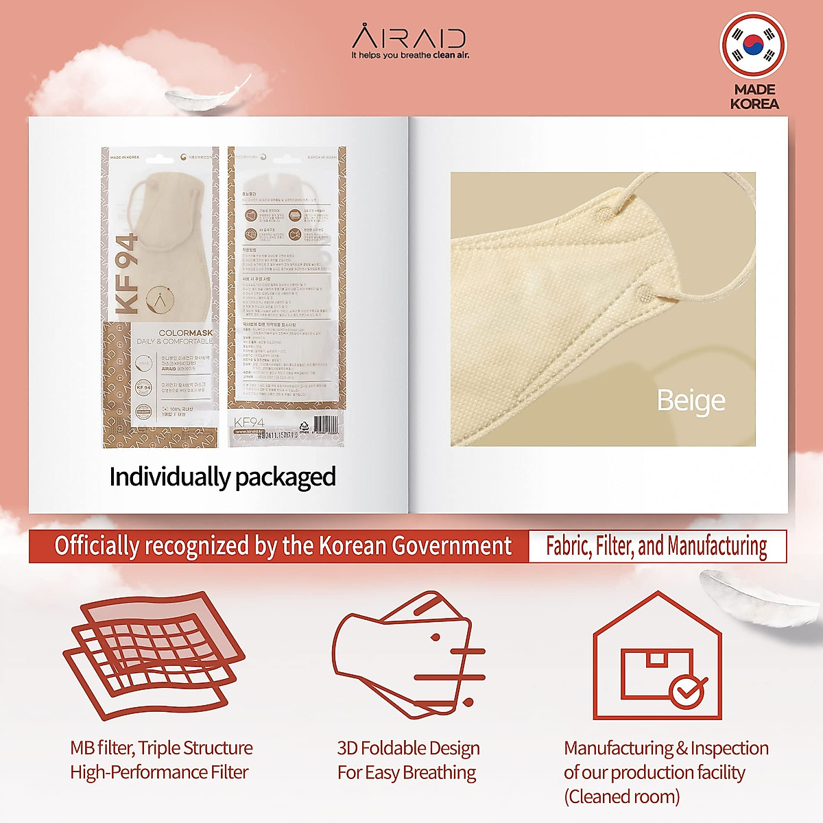 AIRAID-KF94 [Individually Wrapped] - Made in Korea, 3D Multicolor Packs, Face Protective Mask, Adult and Older Teens (Beige-20P)