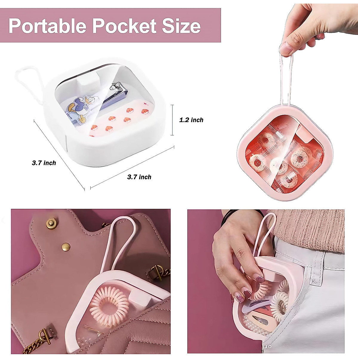 GAGAMOTEYA 6 Pcs Hair Tie Organizer,Qtip Dispenser Bathroom Storage Organizer with Press Buckle Button Switch,Cotton Swab Holder Portable Travel,Hair Accessory Box with Lid for Bathroom(Pink+White)