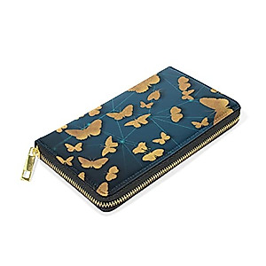 Seamless Golden Gold Butterflies on Abstract Blue Background Leather Long Wallet Organizer with Zipper Purse Clutch Bag for Women Men
