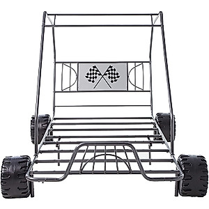 Metal Twin Size Kids Bed with Racer Cart Design ,Go Kart Car Bed for Boys, Twin Bed Frame with Four Wheels and Headboard ,Sturdy Slat System, No Box Spring Needed, Fit for Kids Teens Bedroom,Gunmetal