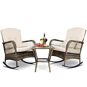 IBITION 3-Piece Outdoor Rocking Chairs Set of 2， Wicker Patio Furniture Modern Rattan Chair Conversation with Cushions & Glass Table for Garden,Backyard, Bistro(Khaki)