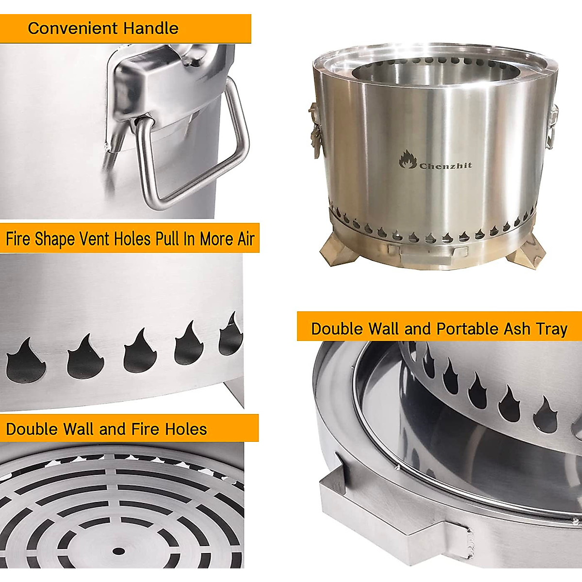 Chenzhit 15x16.5 Inch 304 Stainless Steel Smokeless Fire Pit for Outdoor Fireplace