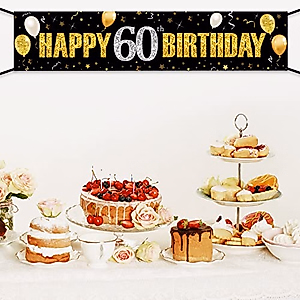 60th Birthday Banner Decorations for Men Women, Black Gold Happy 60 Birthday Yard Banner Sign Party Supplies, Sixty Year Old Birthday Party Decor for Indoor Outdoor