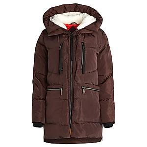 Steve Madden Women's Long Parka - Insulated Quilted Puffer Winter Coat for Women with Faux Sherpa Hood (Sizes: S-XL), Size Medium, Brown