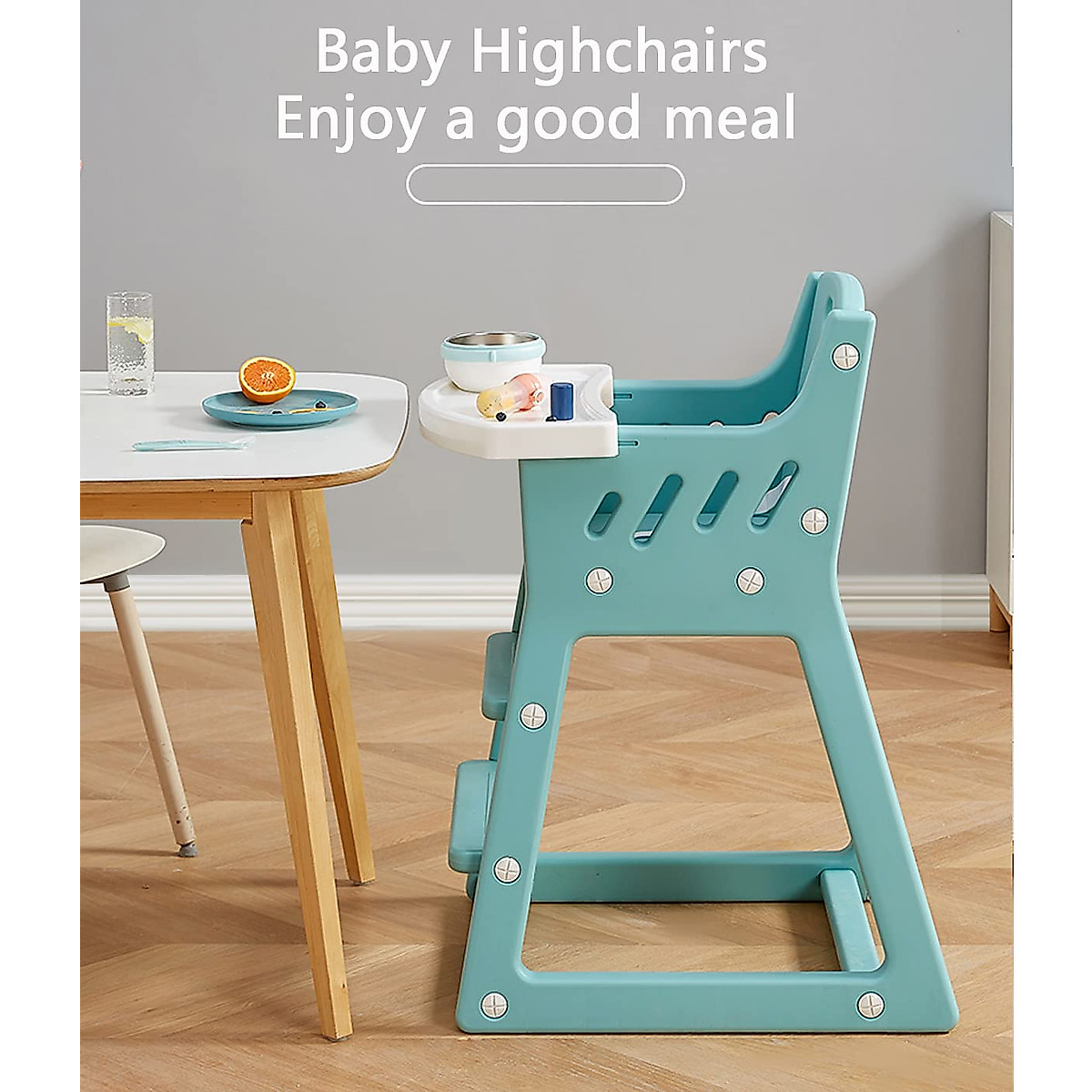Baby Highchair,Children's Dining Chair, Safe and Solid Shape Structure Design, with Telescopic Gear Adjustable Feeding Tray, Can be Directly Washed (Aqua)