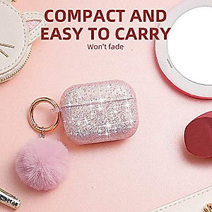 Airpods Pro Case, DMMG Airpods Pro Case Cover Silicone Skin for Girls Women,AirPods Protective Cute Bling Glitter Case with Fluff Ball Keychain,Scratch Proof for Apple Airpod Pro,Pink