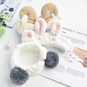 HUIANER Cute Animal Ears Headbands with Fluffy Ball Soft Coral Fleece Elastic Hair Band For Women Washing Face Makeup Cosmetic, Pack of 3