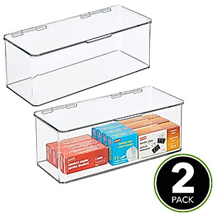 mDesign Plastic Stackable Storage Organizer Box with Hinged Lid - Long Home Office Holder Supply Bin for Note Pads, Gel Pens, Staples, Tape, Highlighters, or Dry Erase Markers, 2 Pack - Clear