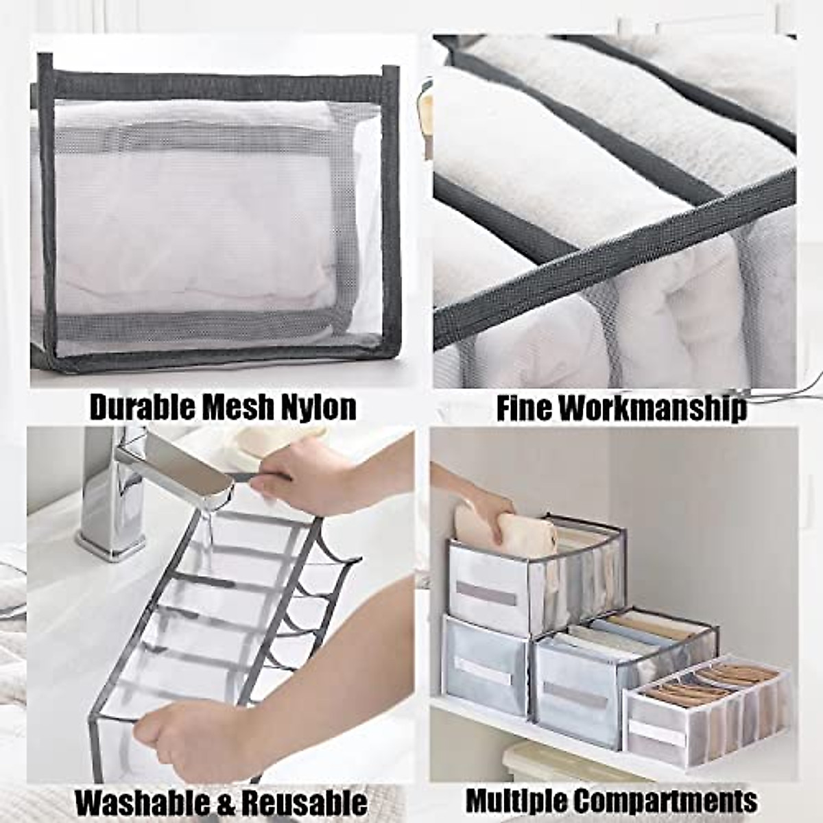 Wardrobe Clothes Organizer, 7 Grid Washable Jeans Drawer Organizer with Compartment Storage Box,Foldable Drawer Closet Clothing Organizer Basket for T-Shirt,Set of 2 (Grey with Handle)