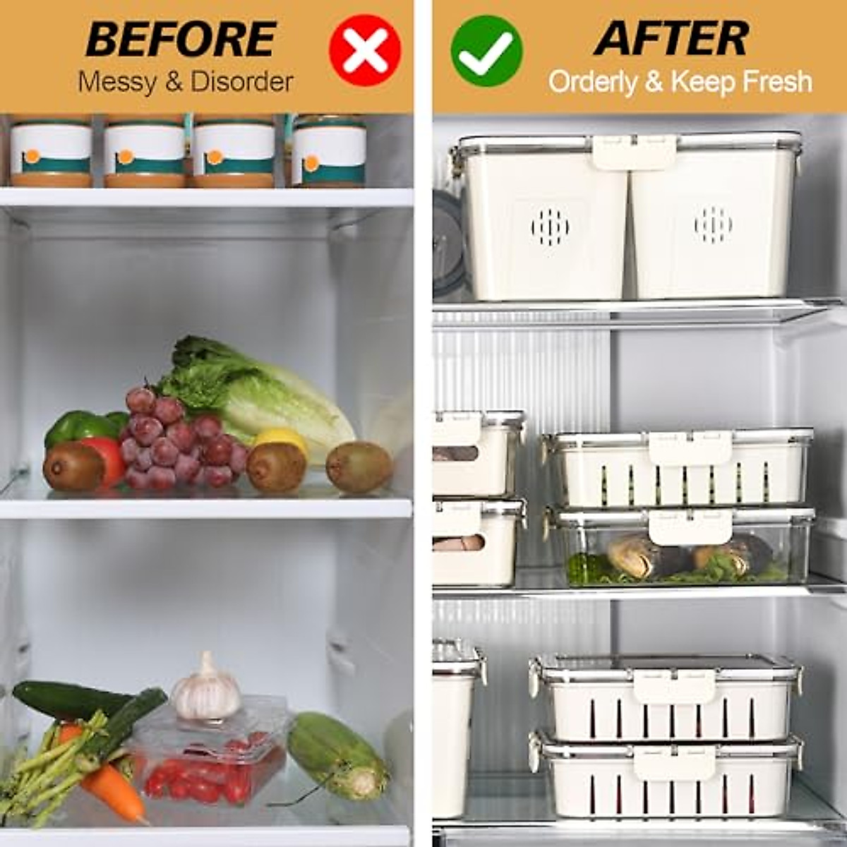 Sousnous Air-tight Divided Veggie Tray with Lid, Berry Container with Colander, Portable Fruit Keeper Box Refrigerator Organizer Bin, Fridge Produce Saver， 1 Pack