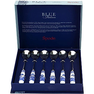 Spode Blue Italian Collection Teaspoons | Set of 6 | Made of Stainless Steel with Porcelain Handles | 6 Inch Dessert Spoons | Blue/White | Hand Wash Only