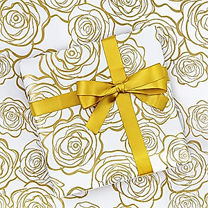 Gift Wrapping Paper, Golden Rose Pattern in White Art Paper with 1 Roll Gold Ribbon, for Weddings, Mother's Day, Birthdays, Baby Showers, Bridal Showers, Valentine's Day or Any Occasion(6 Sheets)