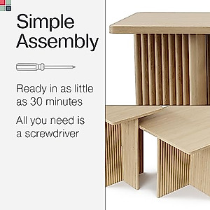 Square Fluted Nesting Coffee Table - 2 Piece Square Coffee Table Set - Living Room Furniture - Modern Home Decor - Solid Oak Base (Natural Oak)