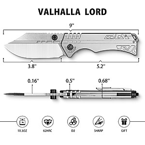 VALHALLA LORD Pocket Knife for Men, 3.6'' D2 Steel Large Folding Knife with Clip, 420 Steel Handle Cool Knives, Pocket Knives & Folding Knives, Gift for men women Collection