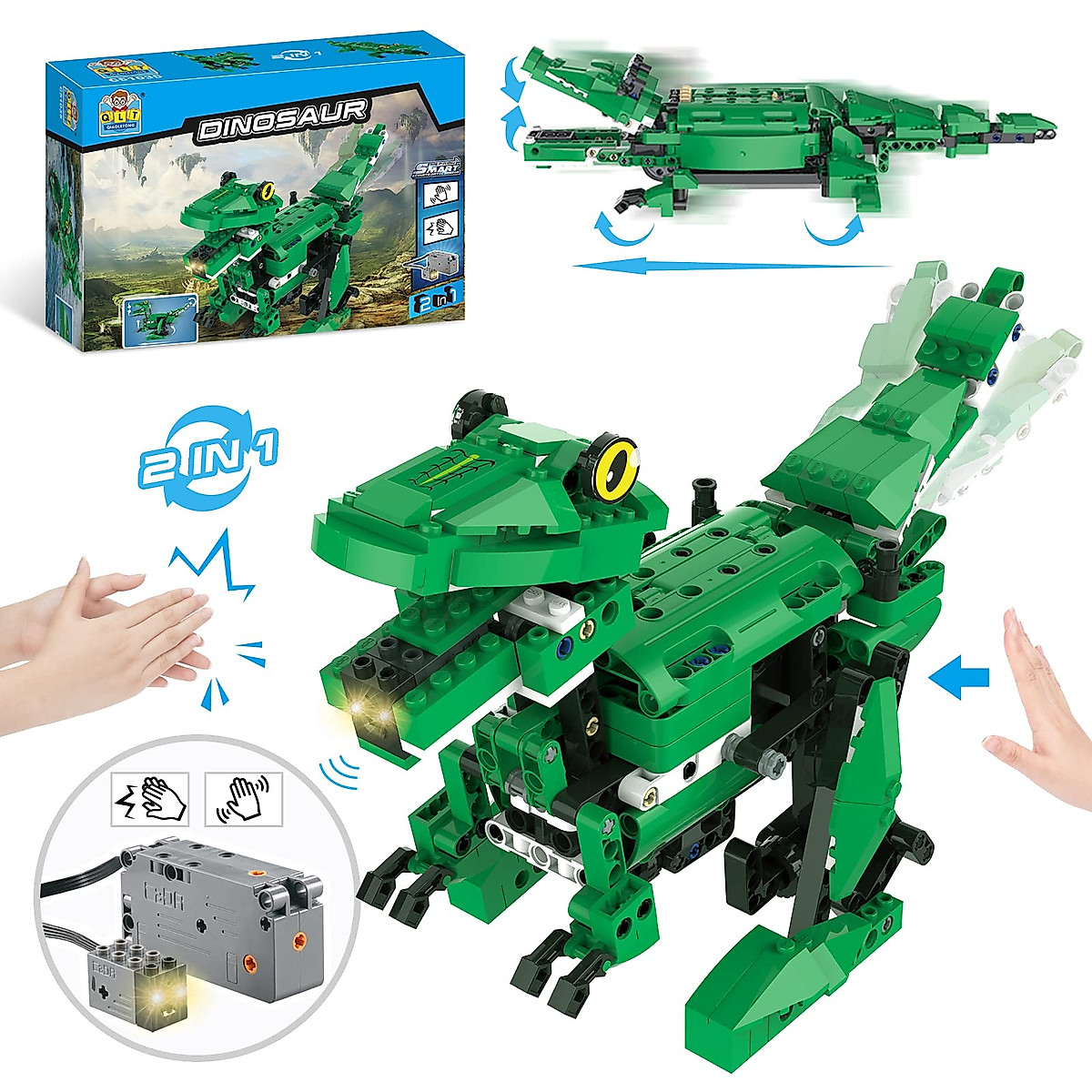 QLT Dinosaur Building Toy, Compatible with Lego, Moved by Gesture or Voice Control, STEM Building Kit Best Gift for Jurassic Lovers Age 8 9 10 11 12+