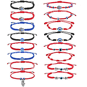 16 Pieces Evil Eye Bracelets Adjustable Braided Lucky Bracelet Ojo Bracelet Black Red Cord Bead Bracelet Hand Kabbalah Protection Amulet Gifts for Christmas Women Men (Classic Style)