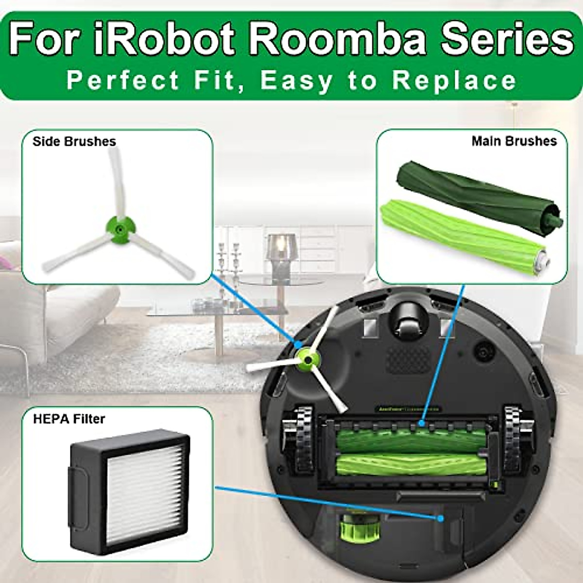 Vacuum Replacement Parts Compatible With iRrobot Roomba E, I, & J Series Replenishment Kit, 1 Set Of Rubber Brush & 3 HEPA Filters & 3 Edge-Sweeping Side Brushes