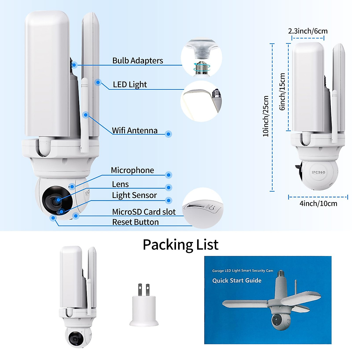 OHBET LED Garage Light Bulb with Camera, 2 in 1 Floodlight Security Camera with 3 Adjustable Panels Smart AI Human Detection Screw-in E26 Base Motion Sensor Two-Way Audio Color Night Vision