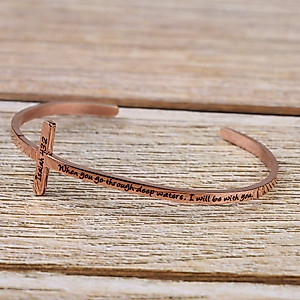 When You Go Through Deep Waters I Will Be With You Isaiah 43:2 Religious Rose Gold Bracelets for Women Christian Cross Cuff Baptism Faith Bible Verse Jewelry Gift