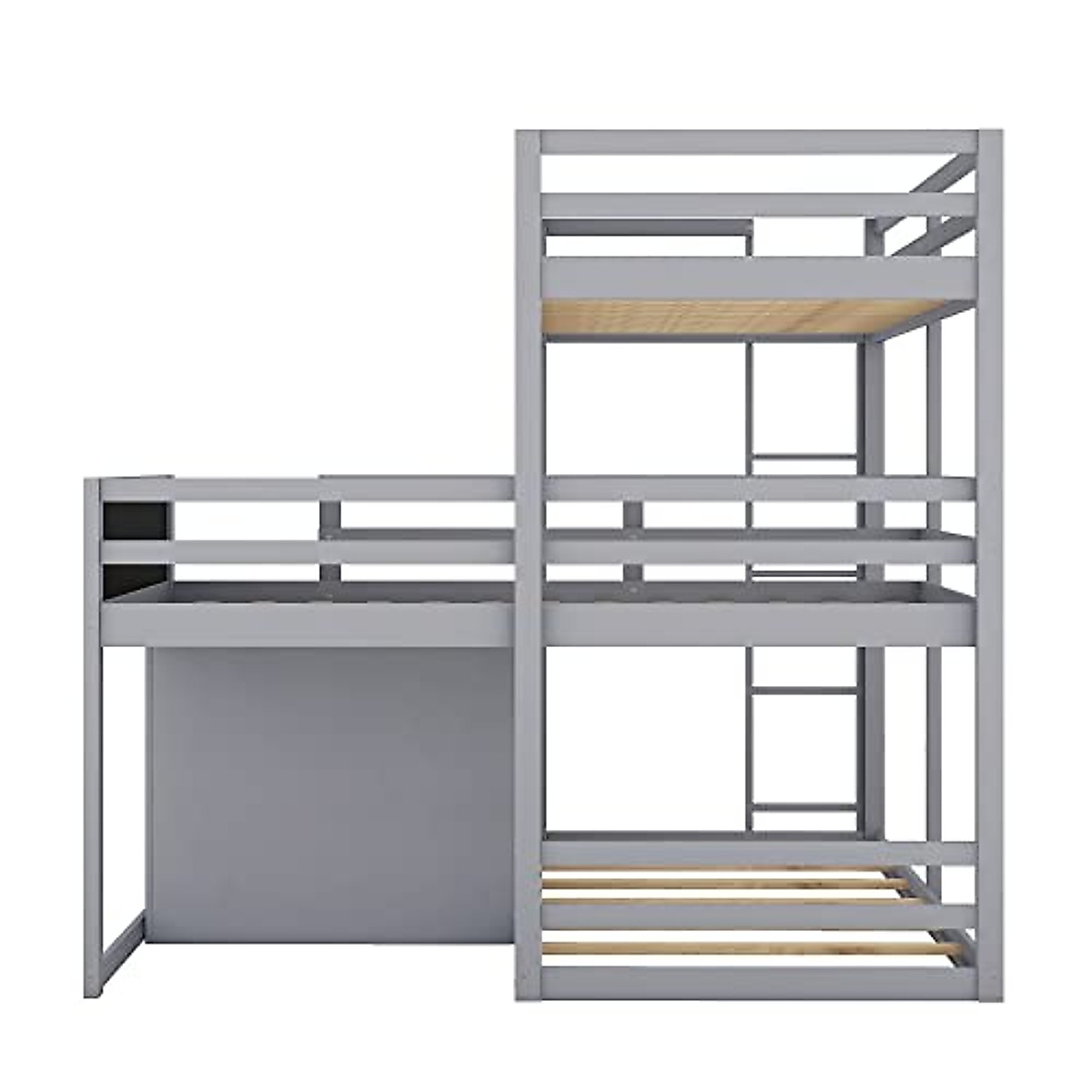 Eafurn L-Shaped Bunk Beds for 3,Twin Size Triple Bunk Beds with Storage Cabinet and Blackboard,Solid Wood Floor Bunk Bed for Kids Teens Adults